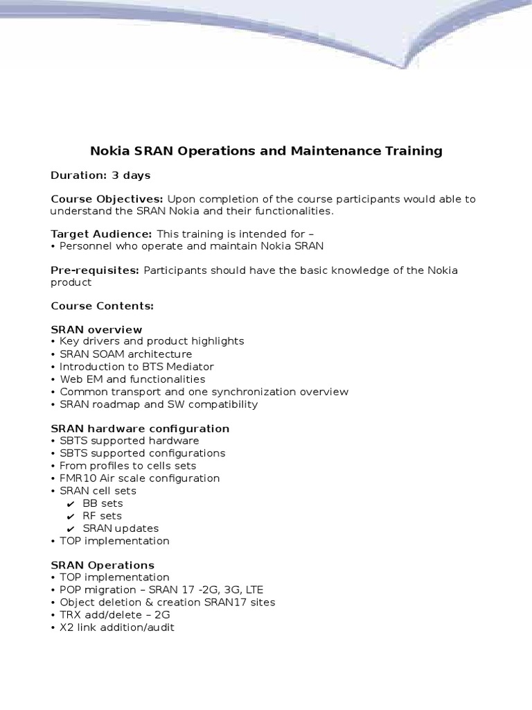 Nokia SRAN Operations & Maintenance Training | PDF