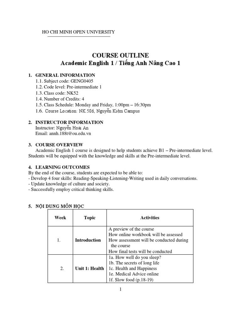 An Introduction to the Course Outline for Academic English 1 at Ho Chi ...