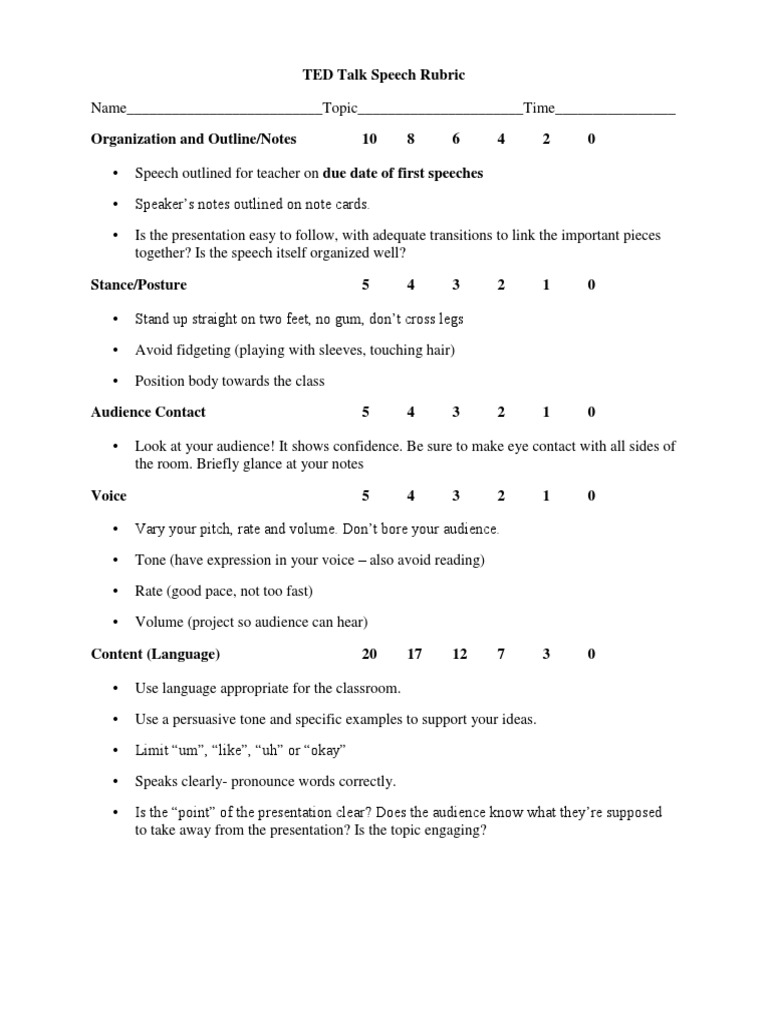 Rubric for Evaluating TED Talk Speeches | PDF | Epistemology ...