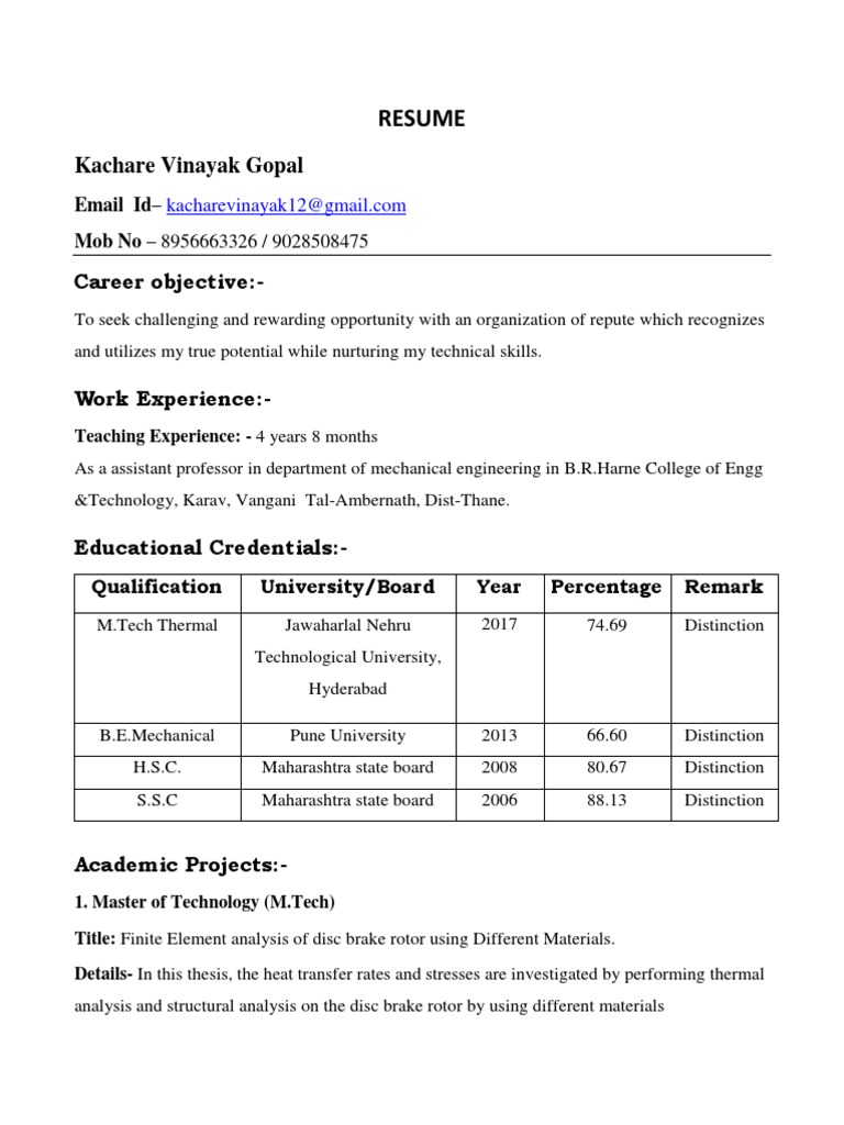 Resume: Kachare Vinayak Gopal | PDF | Mechanical Engineering | Engineering