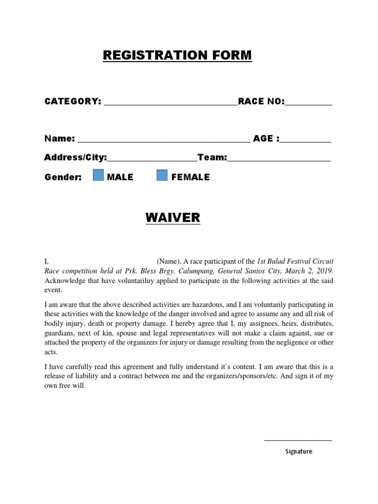 Race Registration Form and Waiver | PDF
