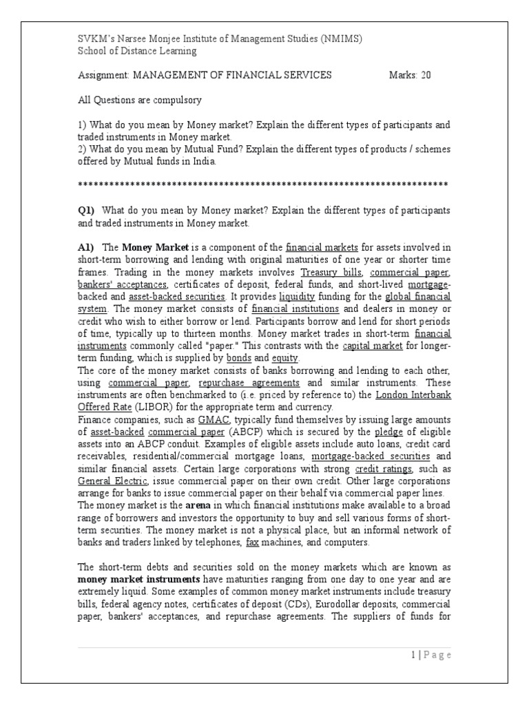 Management of Financial Servuces | PDF | Money Market | Mutual Funds