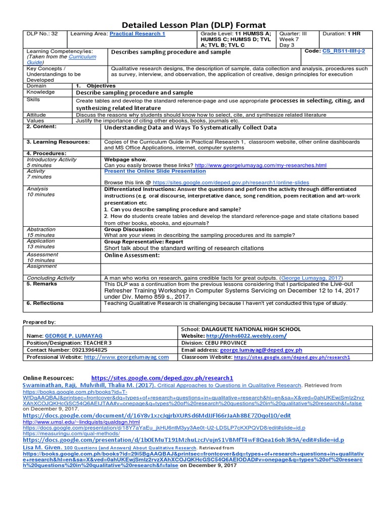 Detailed Lesson Plan (DLP) Format: Describes Sampling Procedure and ...