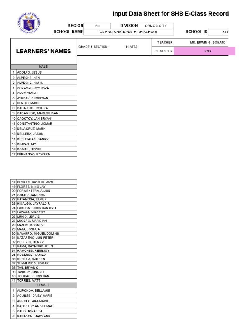 Learners' Names: Input Data Sheet For SHS E-Class Record | PDF
