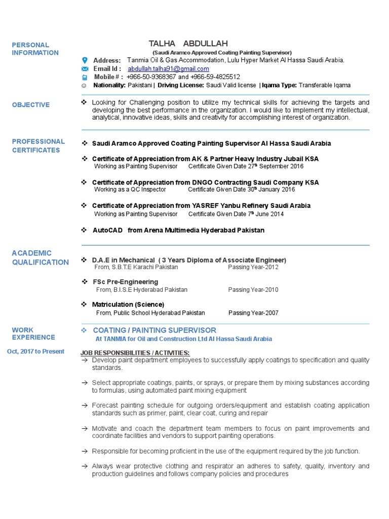 1C.cv - Talha Abdullah (Painting Crew Supervisor) | PDF | Paint | Paintings