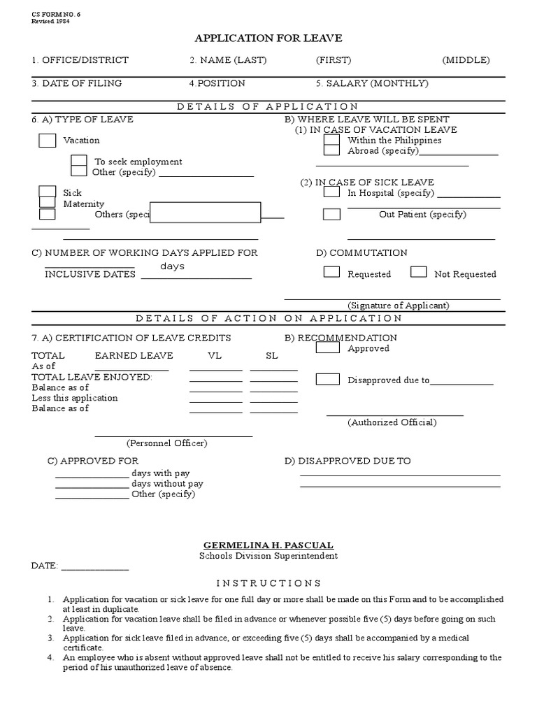 Form 6 Leave Application Form | PDF | Sick Leave | Leave Of Absence