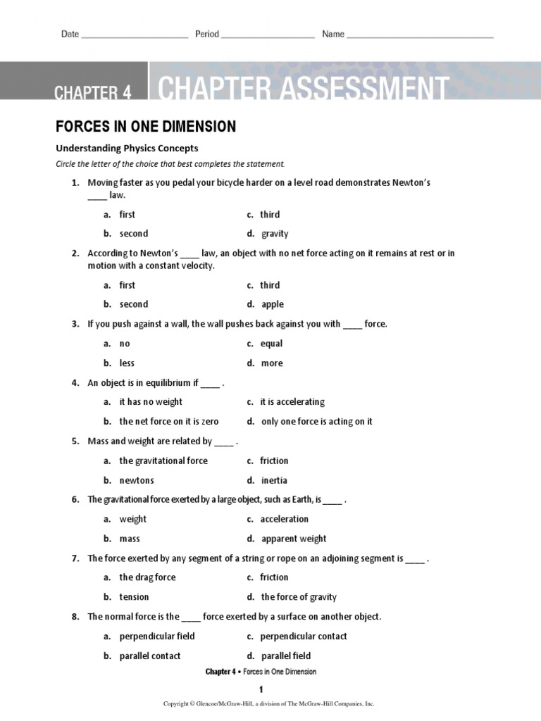 Chapter Assessment Forces in One Dimension Teacher Editable | PDF ...