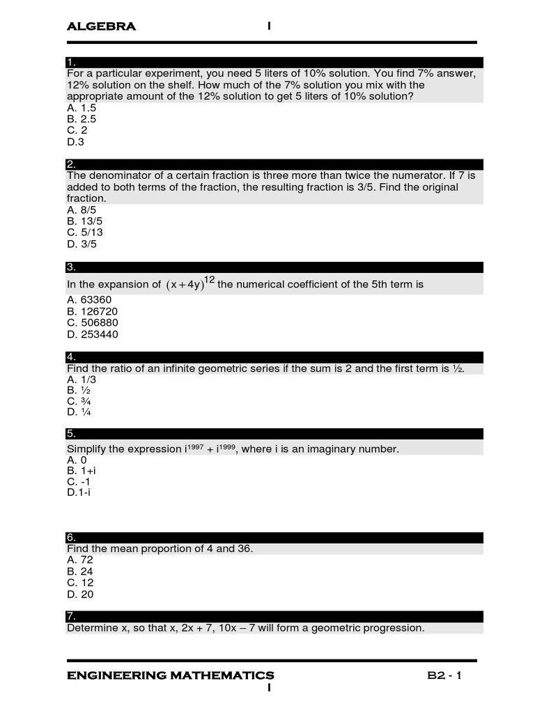 Algebra Questions | PDF | Fraction (Mathematics) | Numbers