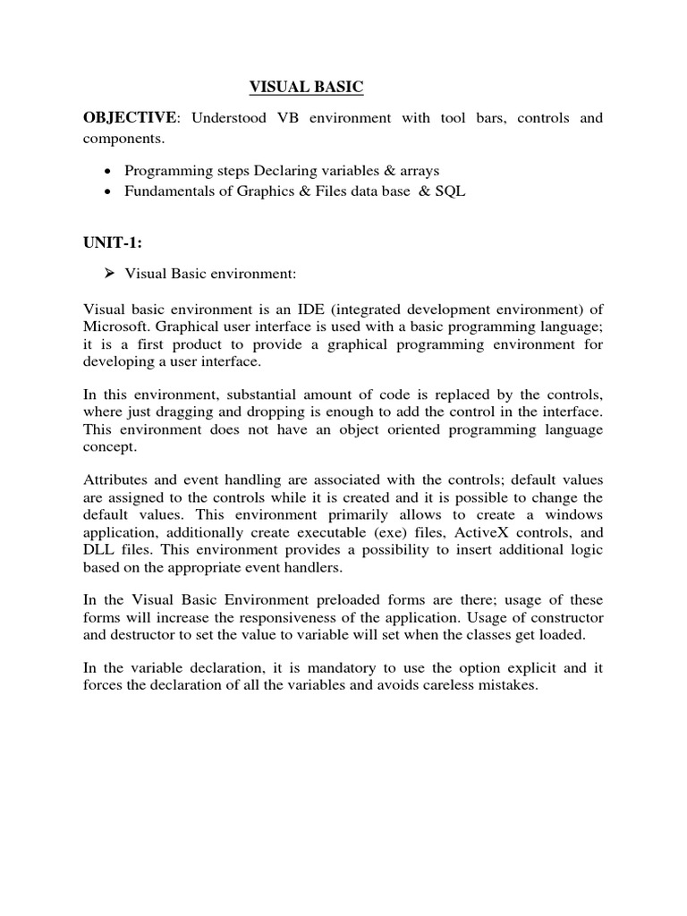 Visual Basic OBJECTIVE: Understood VB Environment With Tool Bars ...