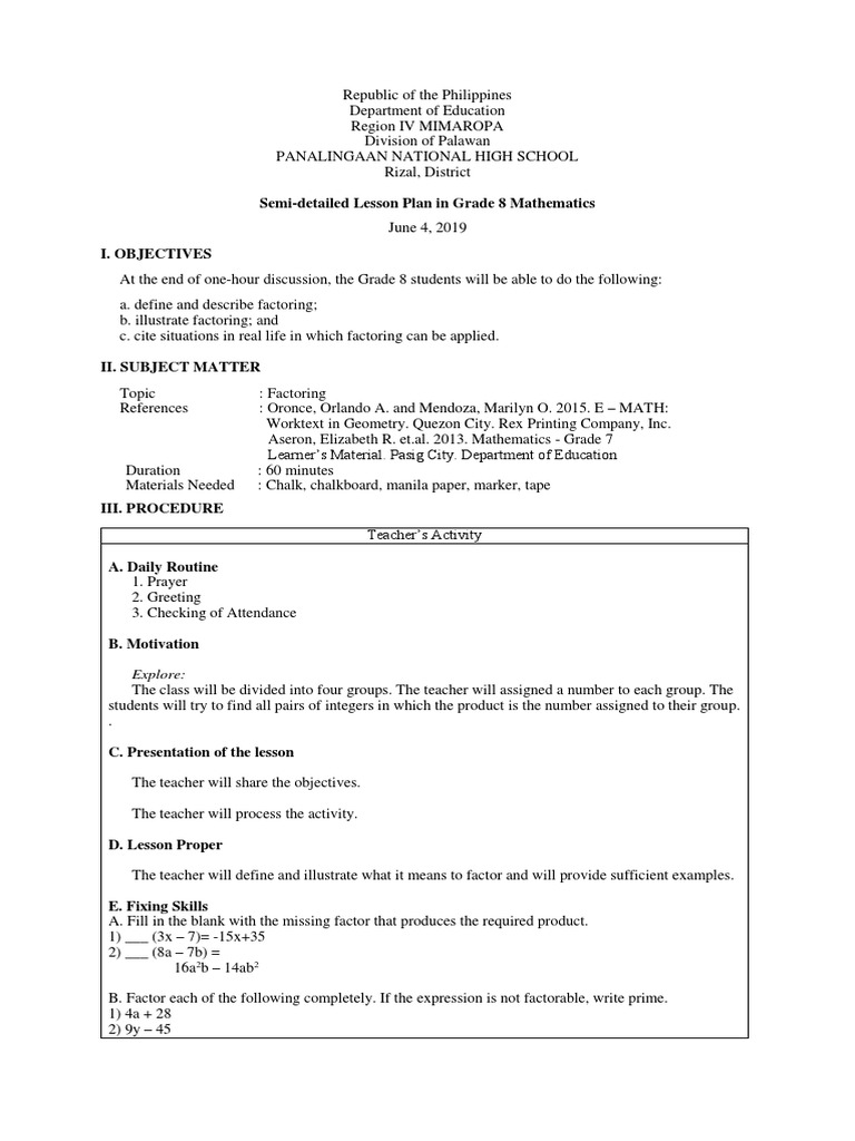 Semi-Detailed Lesson Plan in Grade 8 Mathematics: Explore | PDF | Factorization | Polynomial