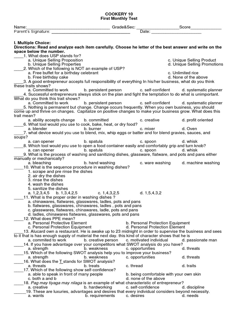 Cookery 10 Monthly Test | PDF | Cookware And Bakeware | Kitchen Utensil