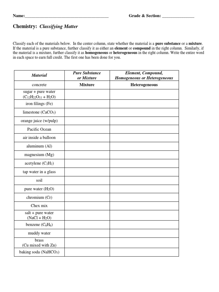 G7 Worksheet Pure Substances & Mixtures | PDF