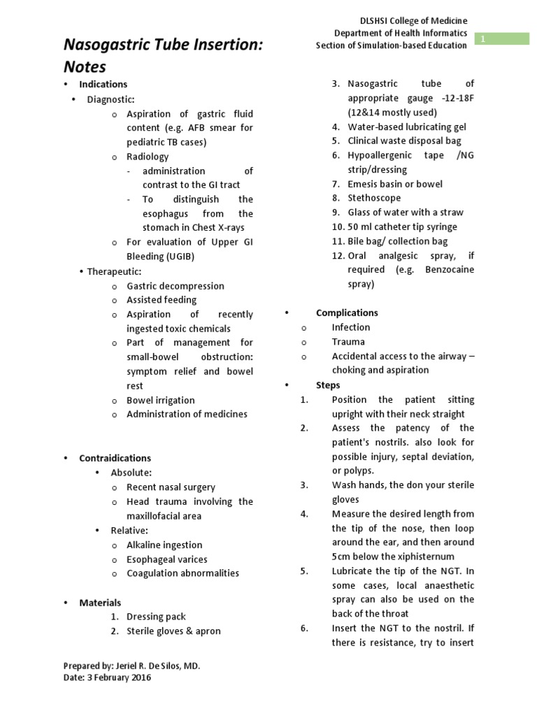 Nasogastric Tube Insertion: Notes: Complications | PDF ...