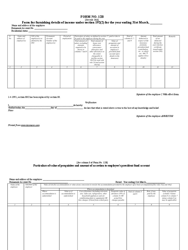 Form No. 12B Form For Furnishing Details of Income Under Section 192 (2 ...