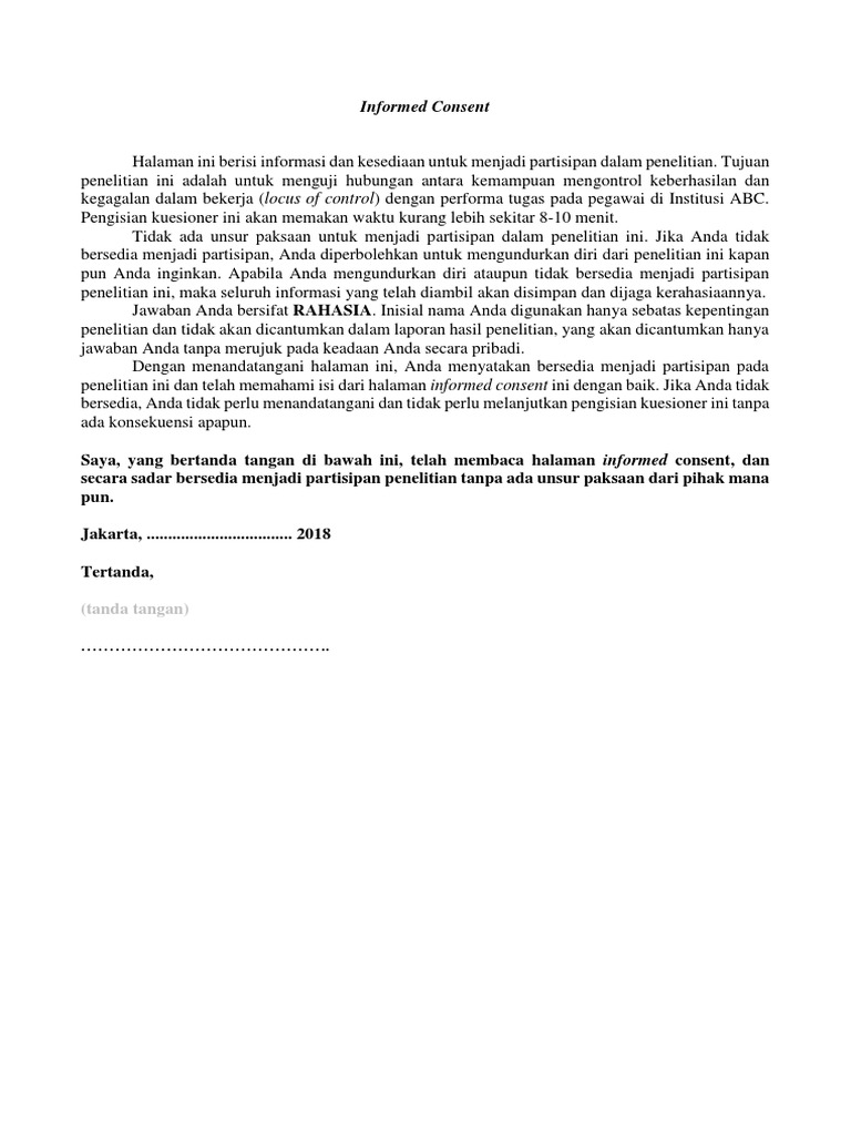 Template Informed Consent Untuk Intervensi, Kuesioner Dan Wawancara | PDF