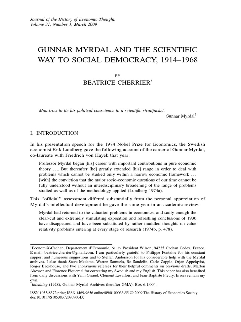 Gunnar Myrdal and The Scientific Way To Social Democracy, 1914-1968 ...