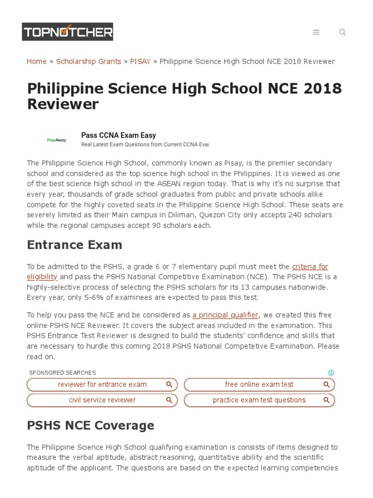 Pshs Nce Rev | PDF | Test (Assessment) | Science