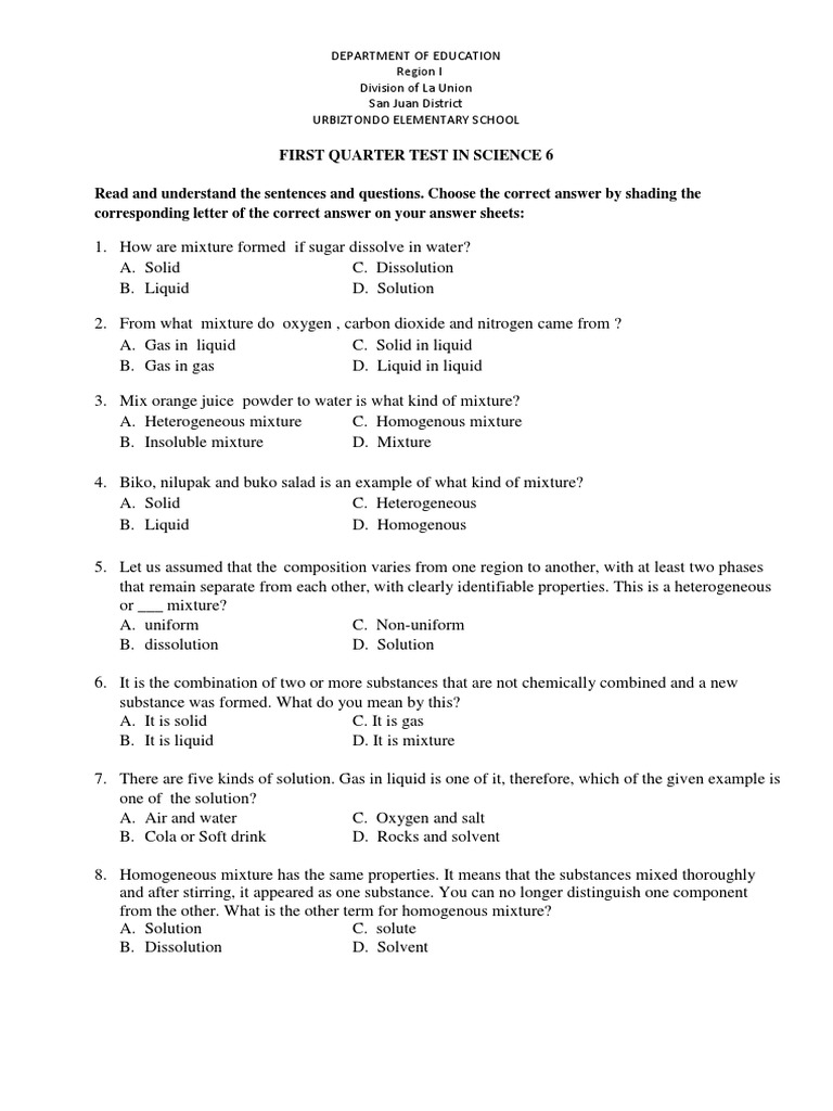 1st Quarter Test in Science 6 With Tos and Key to Correction (1) (1 ...