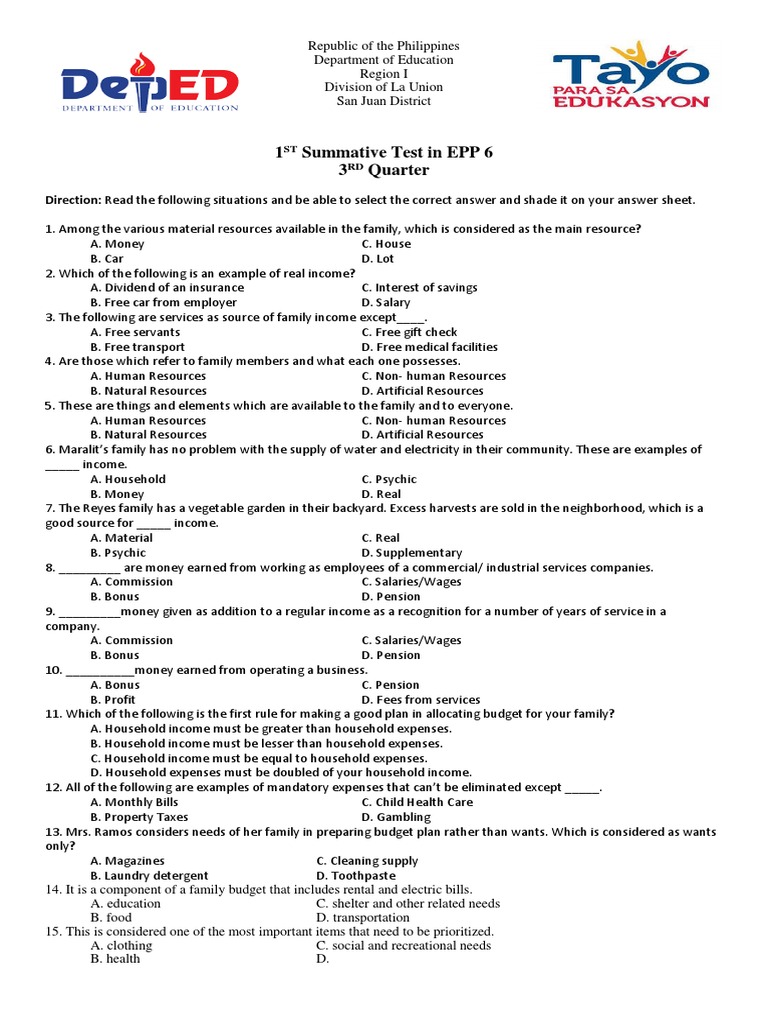 1st Summative Test in EPP 6: Table of Specification for 3rd Quarter ...