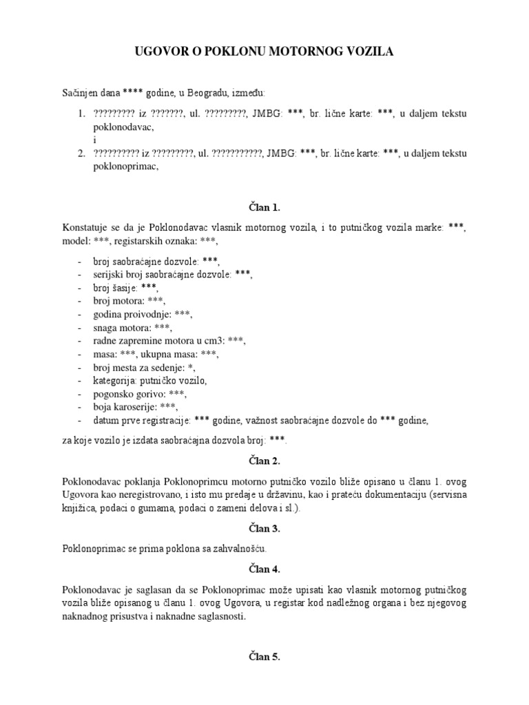 Ugovor o Poklonu Motornog Vozila | PDF