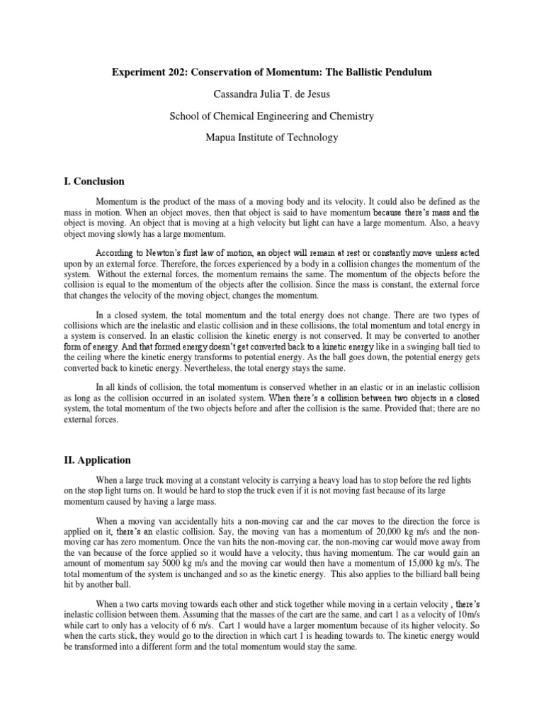 Experiment 202: Conservation of Momentum: The Ballistic Pendulum | PDF ...