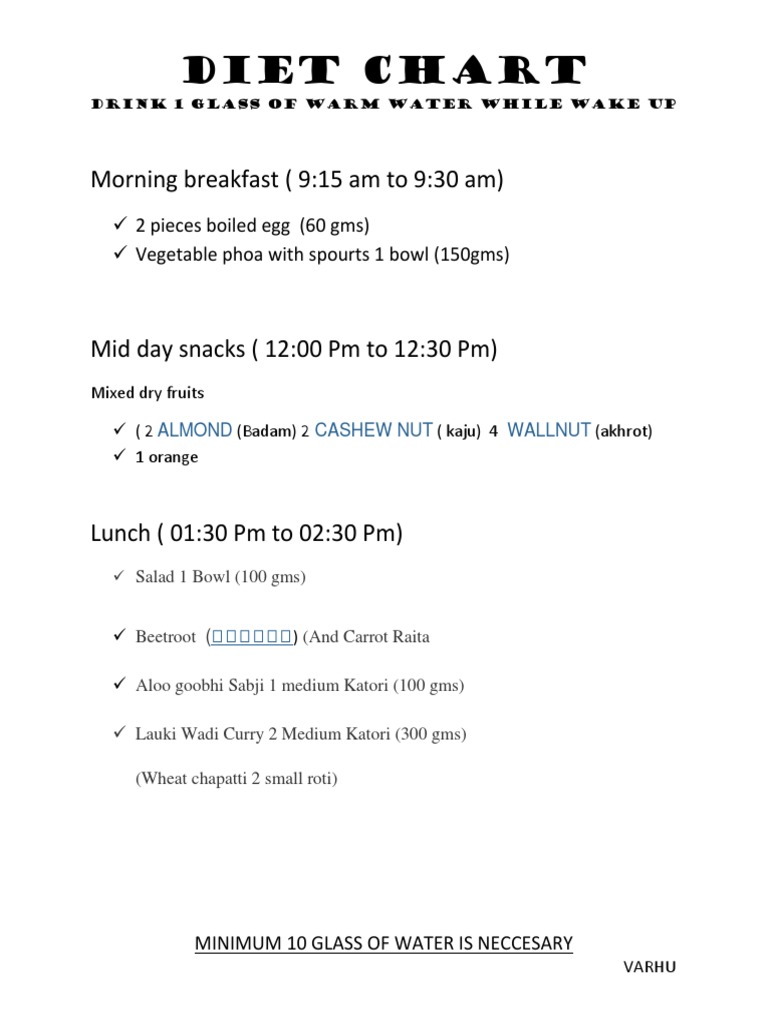 Diet Chart: Morning Breakfast (9:15 Am To 9:30 Am) | PDF | Cuisine ...
