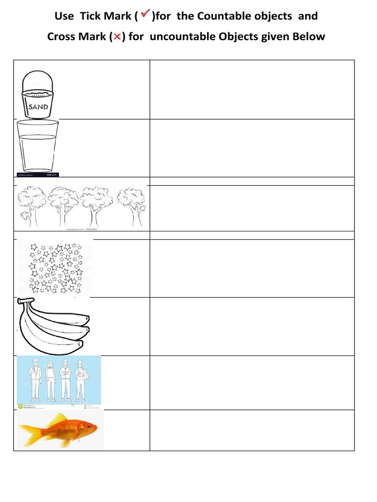 Use Tick Mark For The Countable Objects and Cross Mark For Uncountable ...