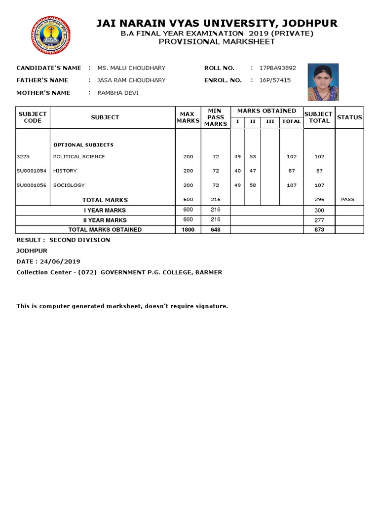 Jai Narain Vyas University, Jodhpur: Provisional Marksheet | PDF