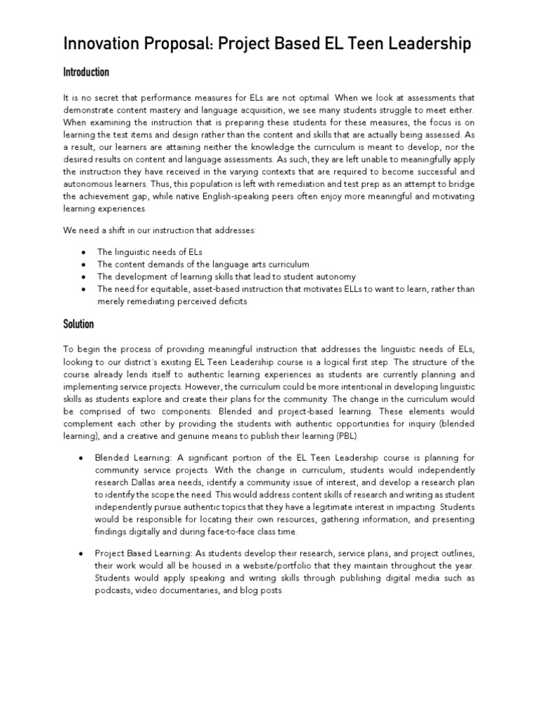 Innovation Proposal | PDF | Project Based Learning | Curriculum