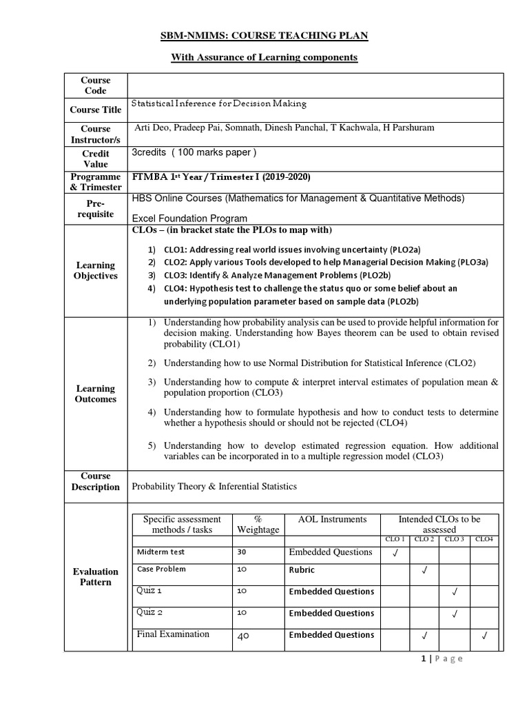 Sbm Nmims Statistical Inference Course Plan Pdf Statistical 3140
