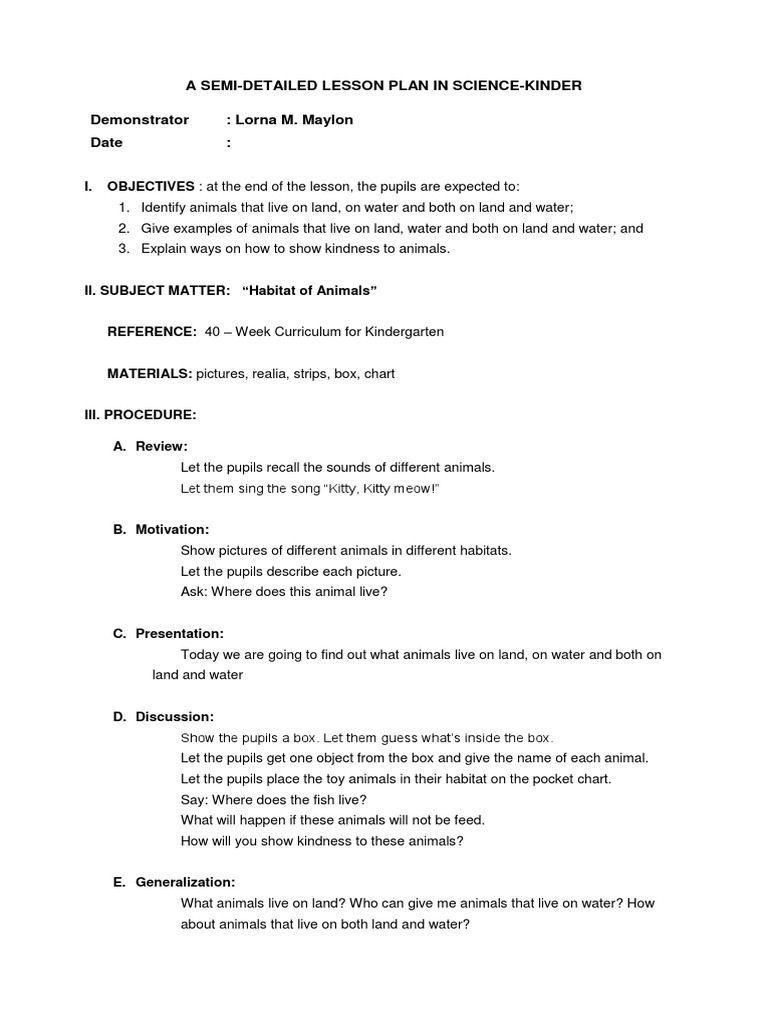A Semi-Detailed Lesson Plan in Science-Kinder Demonstrator: Lorna M ...