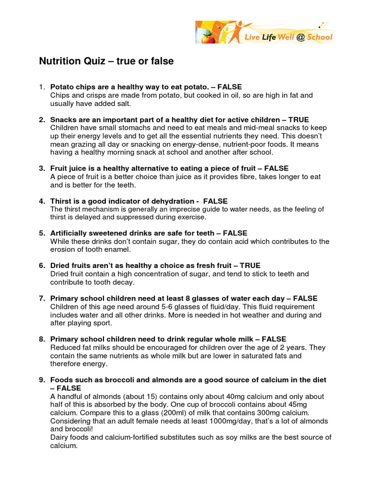 Nutrition Quiz - True or False | PDF | Wellness