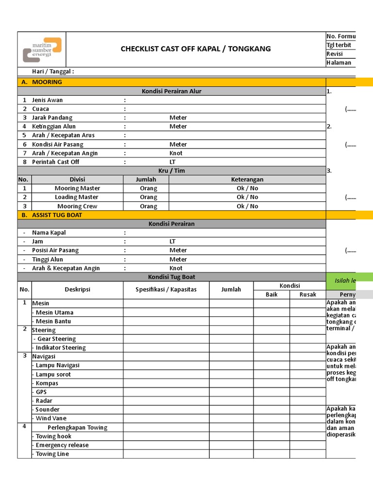 CHECKLIST PENGAMATAN KONDISI UNTUK KEGIATAN CAST OFF TONGKANG | PDF