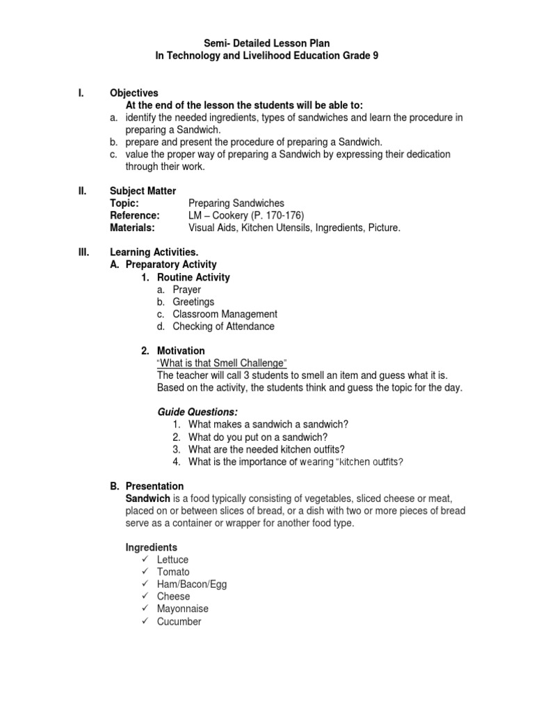 Sandwich Preparation Lesson Plan | PDF | Sandwich | Teaching