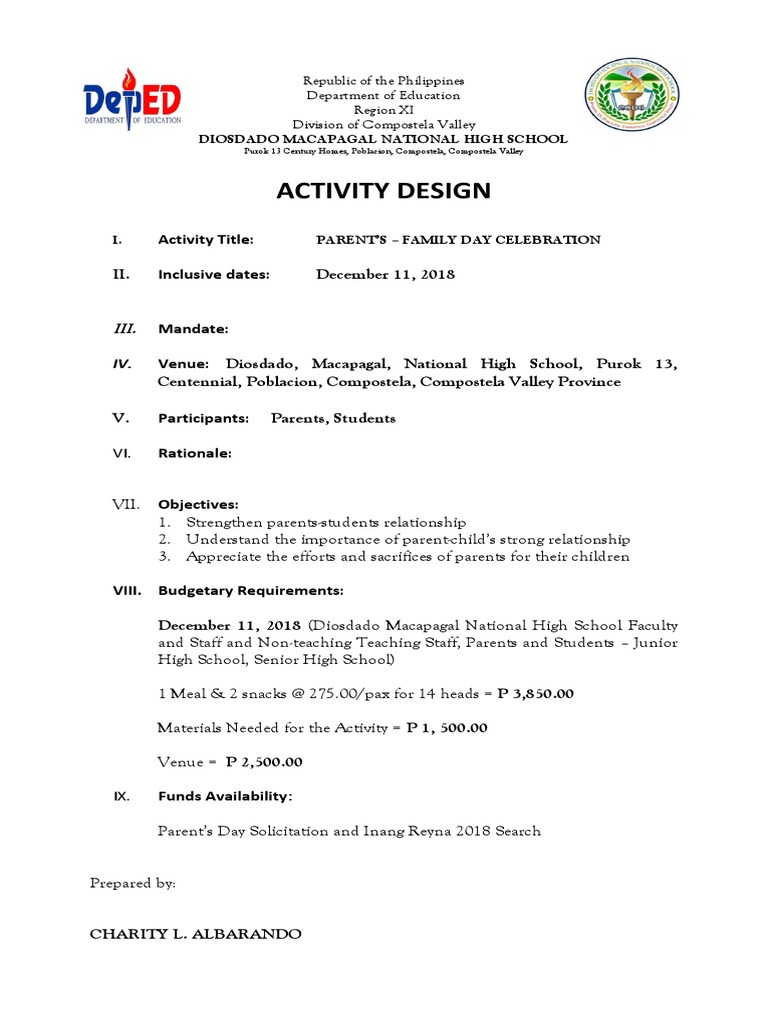 Activity Design Parent's Day | PDF