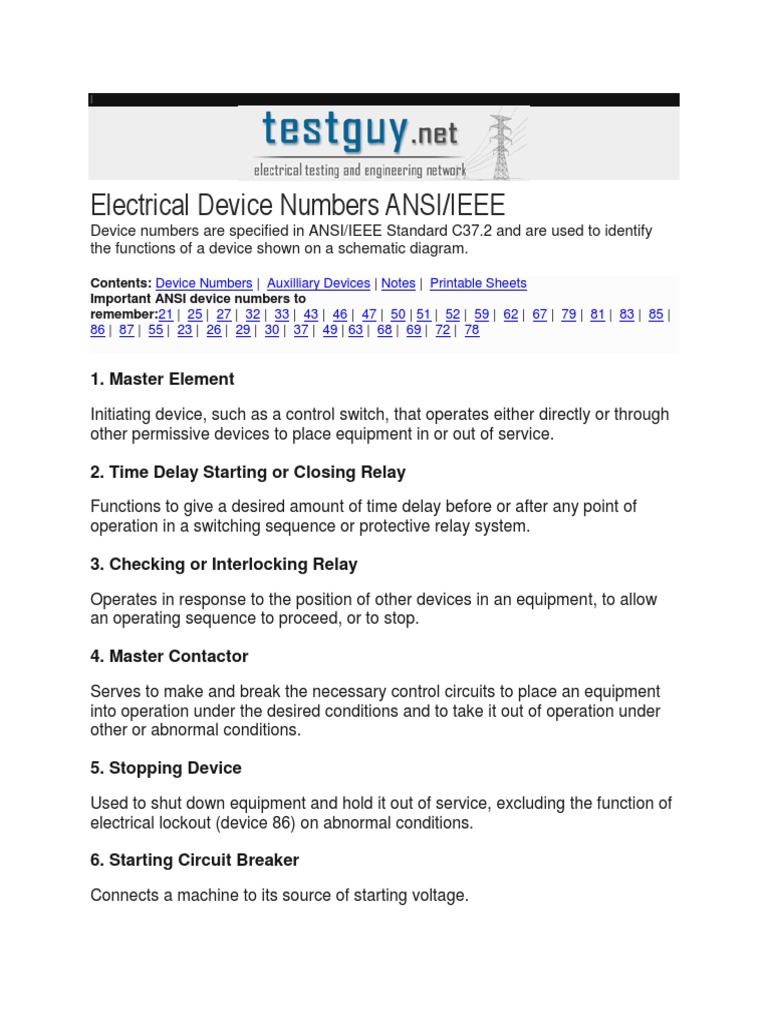 Electrical Device Numbers ANSI - IEEE | PDF | Relay | Switch