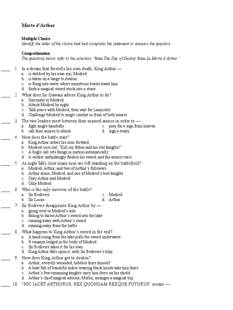Morte D'arthur Test | PDF | Chivalric Romance | Le Morte D'arthur