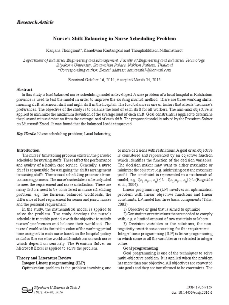 Nurse's Shift Balancing in Nurse Scheduling Problem: Research Article ...