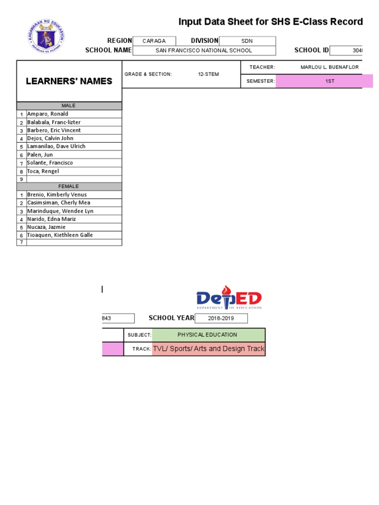 SHS E-Class Record 2016. (P.E Stem) | PDF | Learning | Behavior Modification