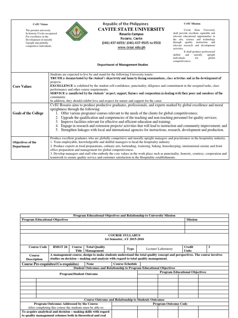 CvSU Vision and Mission Statement | PDF | Quality Management | Leadership
