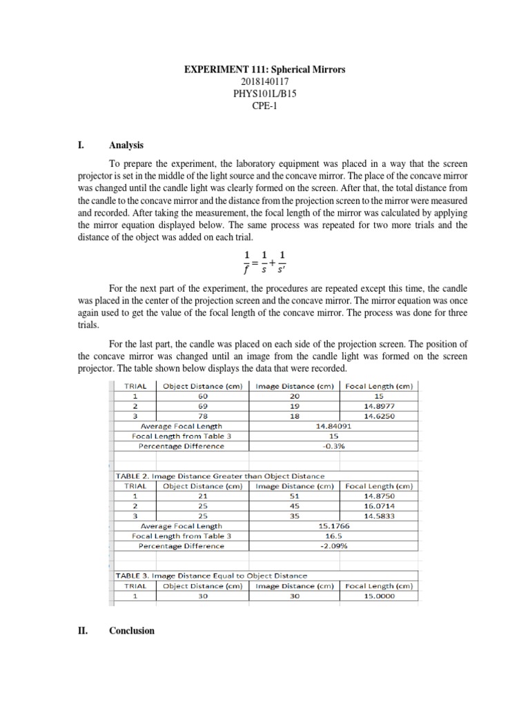 Experiment 111: Spherical Mirrors | PDF | Science & Mathematics