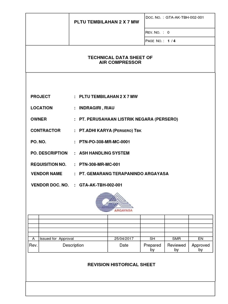 Technical Data Sheet for an Air Compressor Used at the Tembilahan 2 x 7 ...