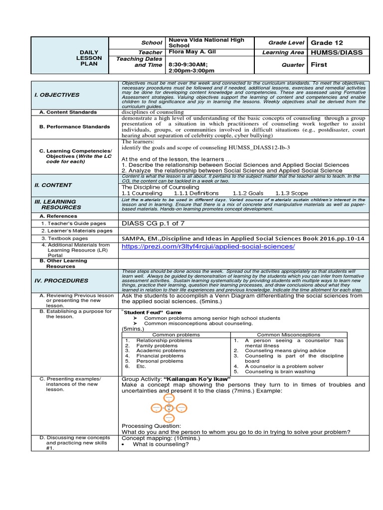 Grade 12 Counseling Lesson Plan | PDF | Psychotherapy | Teachers
