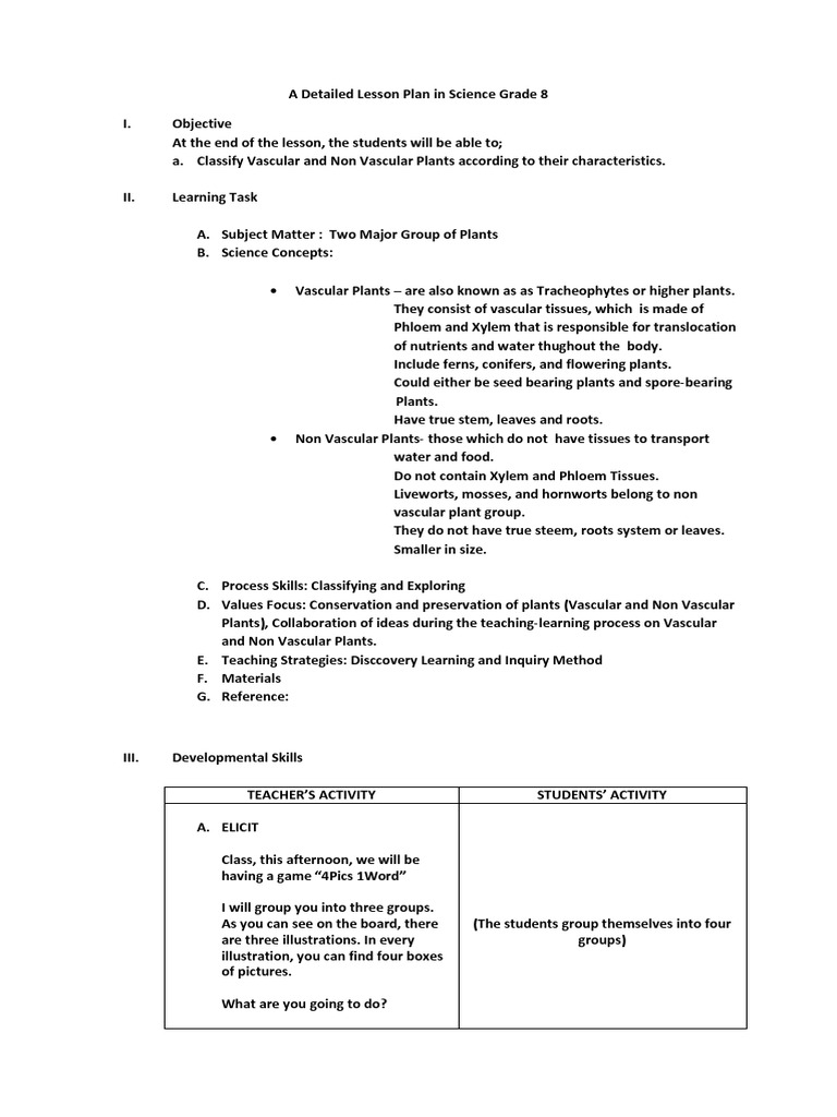 Detailed Lesson Plan in Vascular Plants | PDF | Plants | Horticulture ...