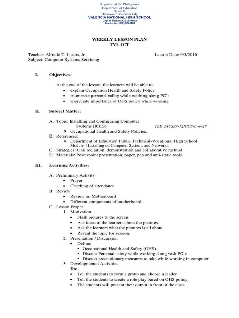 Lesson Plan OHS Procedure | PDF | Occupational Safety And Health ... Lesson Plan OHS Procedure | PDF | Occupational Safety And Health ...