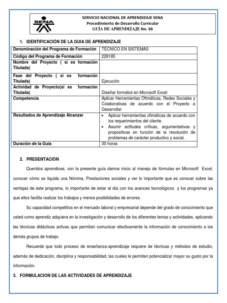 Guia de Aprendizaje 6 Excel 1 | Descargar gratis PDF | Microsoft Excel | Hoja de cálculo
