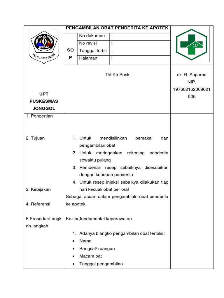 Sop Pengambilan Obat Ke Apotik | PDF