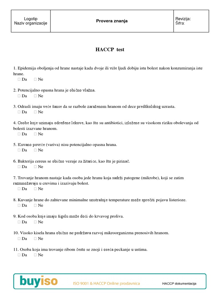 Provera Znanja HACCP | PDF