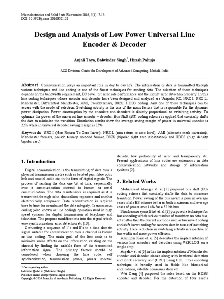 Design and Analysis of Low Power Universal Line Encoder & Decoder | PDF | Code | Data Transmission
