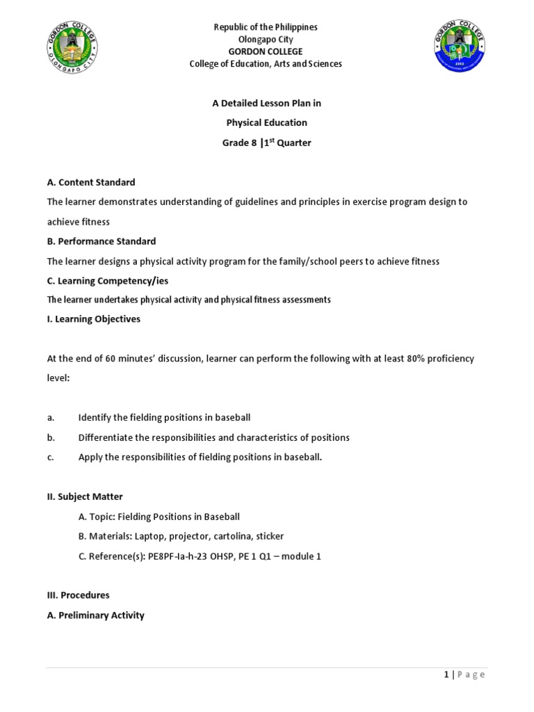 A Detailed Lesson Plan in Physical Education Grade 8 - 1 Quarter | PDF ...